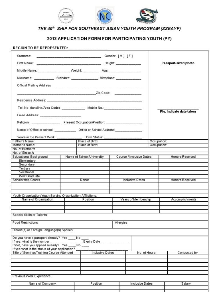 SSEAYP 2013 Youth Application Form | PDF | Government