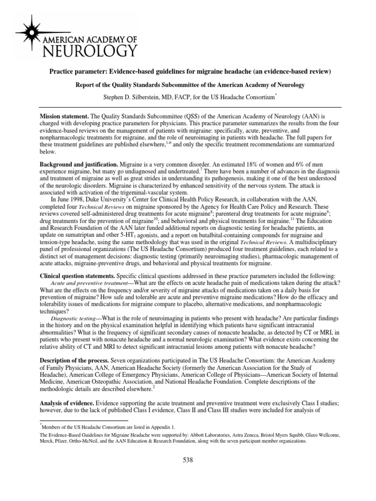 Practice Parameter: Evidence-Based Guidelines For Migraine Headache (An ...