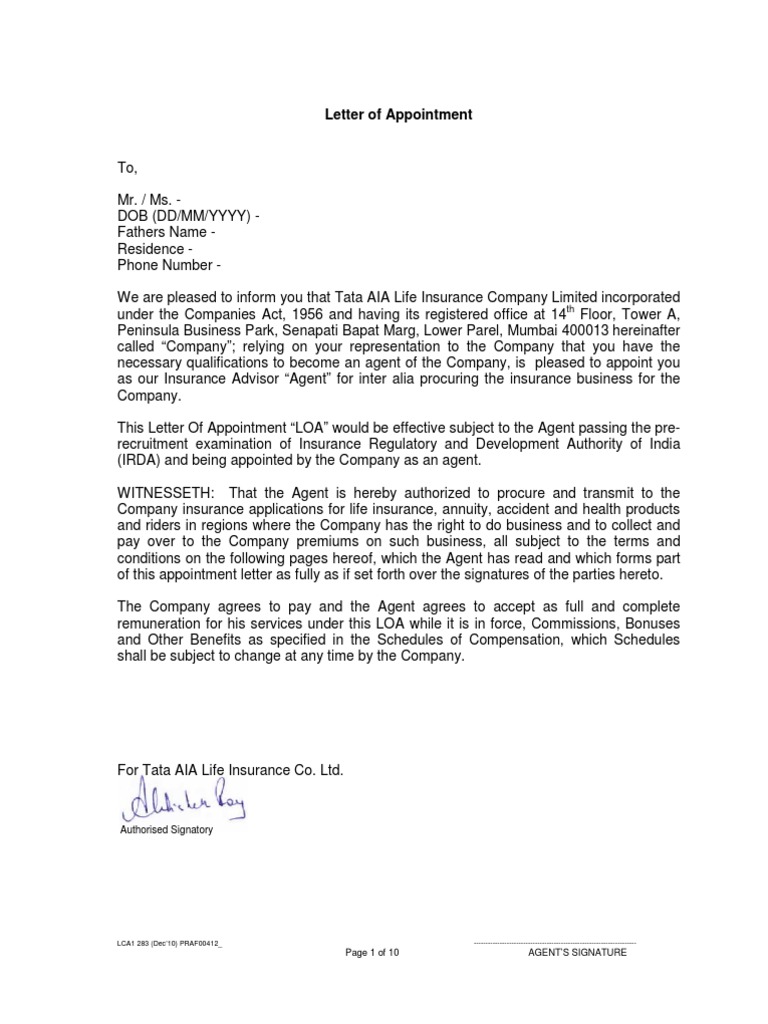 Letter of Appointment - Individual Agent - 15012013 | PDF | Law Of ...