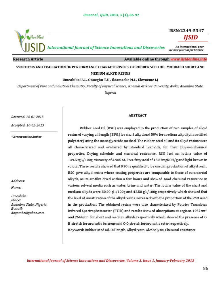 Synthesis and Evaluation of Performance Characteristics of Rubber Seed Oil-Modified Short and ...