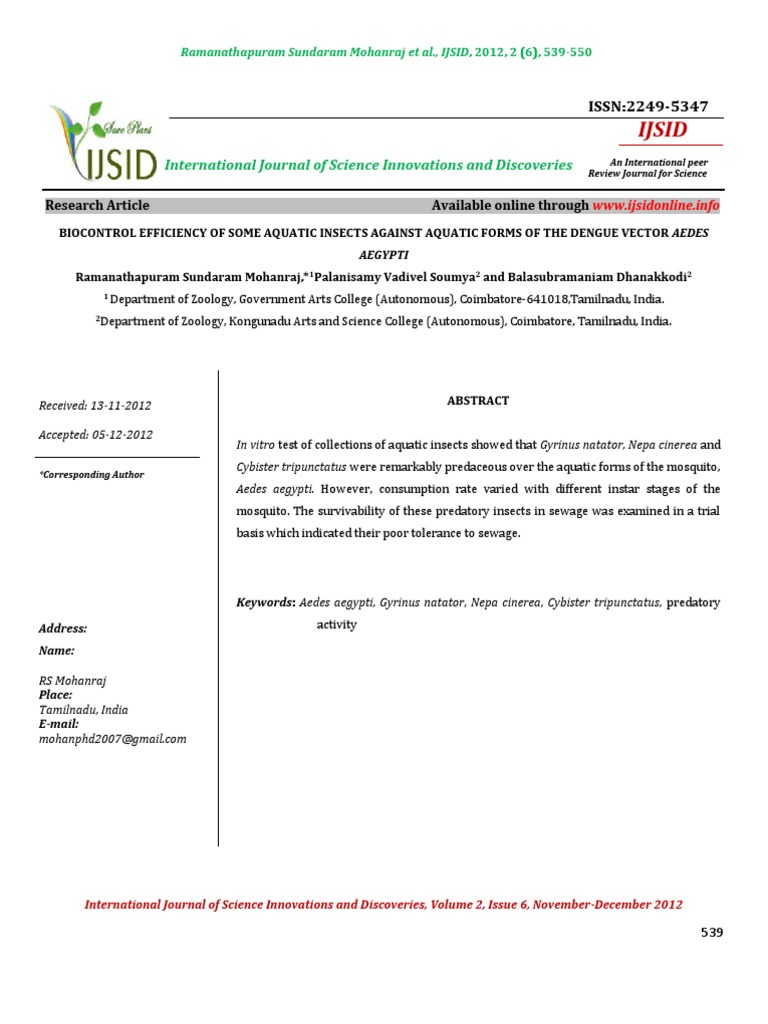 Biocontrol Efficiency of Some Aquatic Insects Against Aquatic Forms of ...