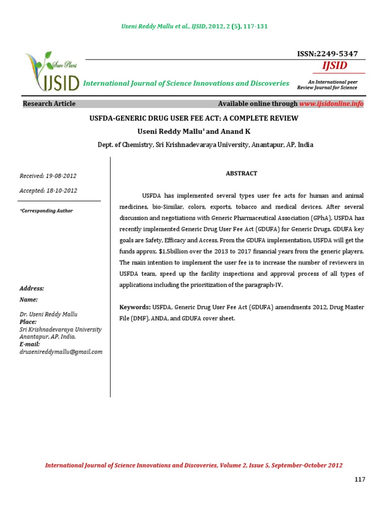 Usfda-Generic Drug User Fee Act - A Complete Review | PDF | Food And ...