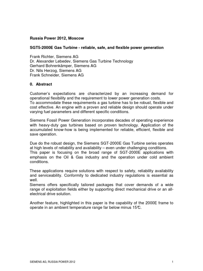 RussiaPower 2012 Moscow Paper Siemens SGT5-2000E Richter-Rev. | PDF | Gas Turbine | Gas Compressor