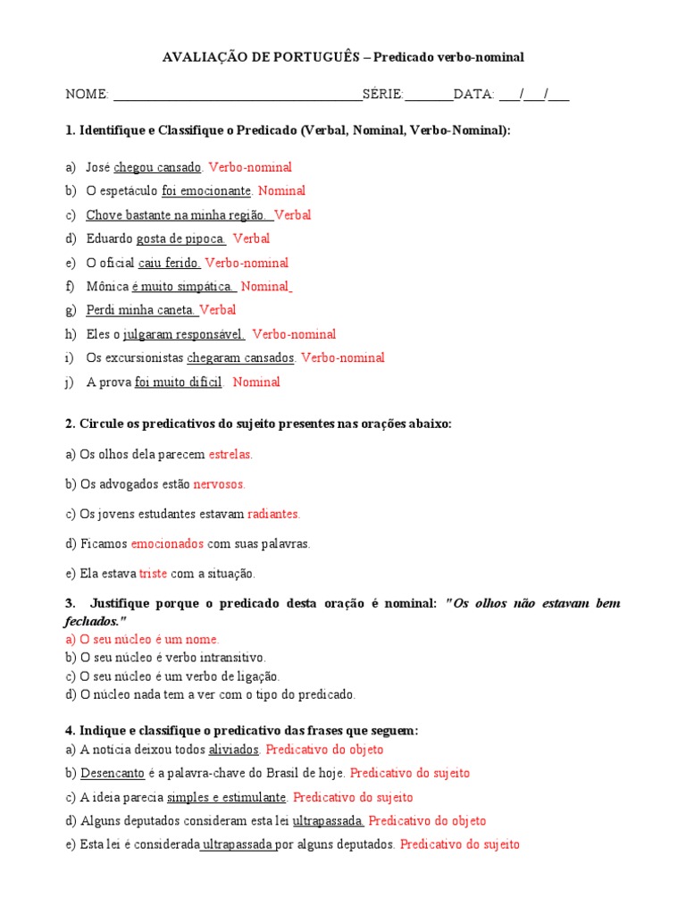AV Tipos de Predicado Gabarito | Predicado (Gramática) | Assunto (Gramática)