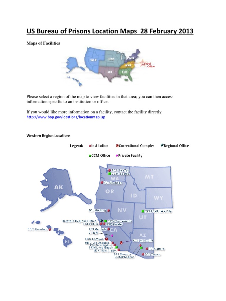 US Bureau of Prisons Location Maps 28 February 2013 PDF | PDF ...