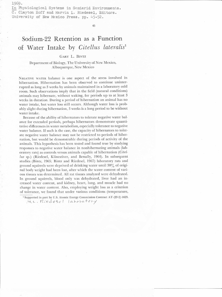 Sodium-22 Retention As A Function of Water Intake by Citellus Lateralis ...