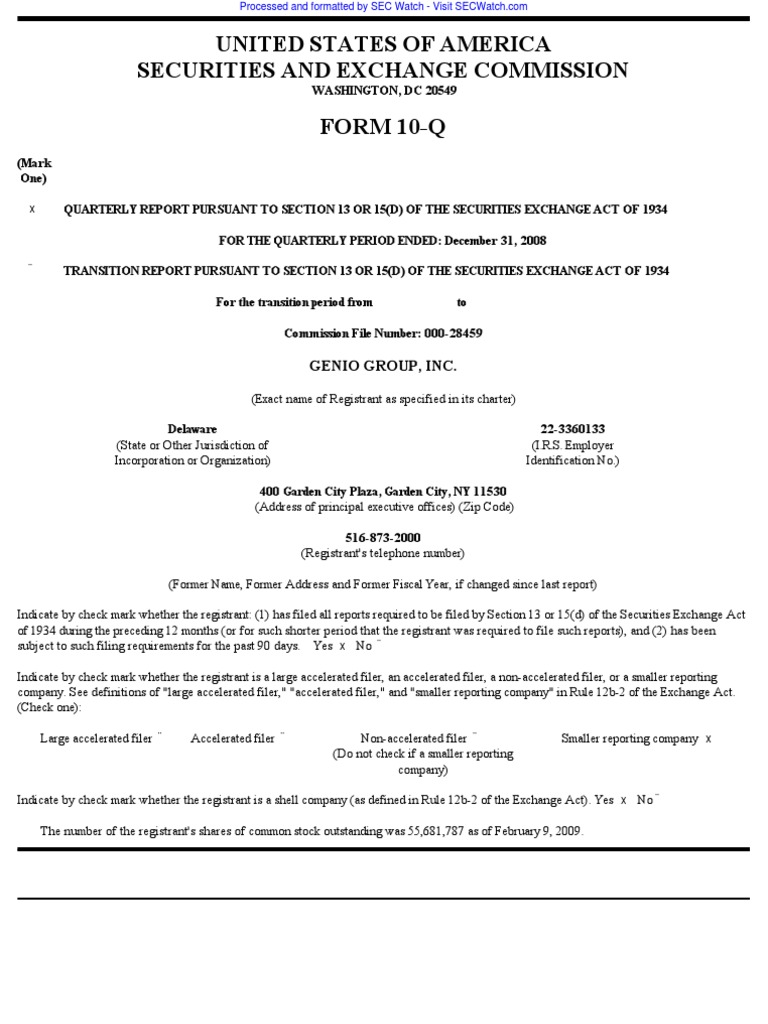 United States Of America Securities And Exchange Commission FORM 10-Q ...