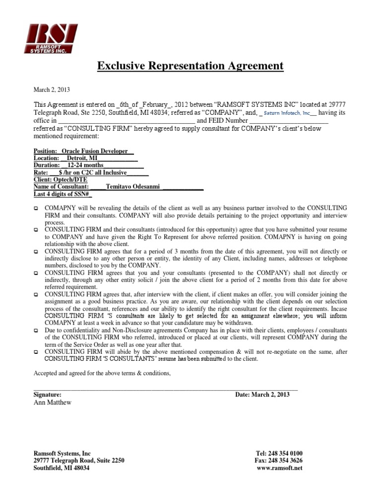 Exclusive Representation Agreement for Oracle Developer | PDF ...