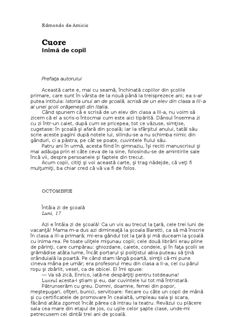 Edmondo de Amicis - Cuore (Inima de Copil) | PDF