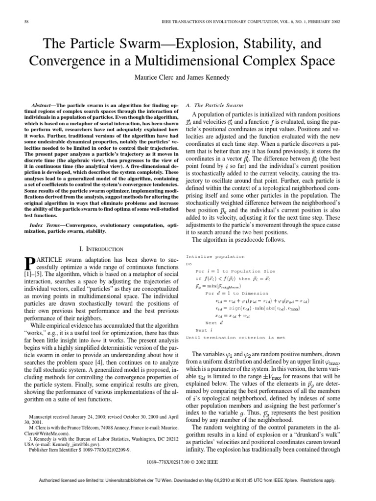 The Particle Swarm - Explosion, Stability, and Convergence in A Multidimensional Complex Space ...