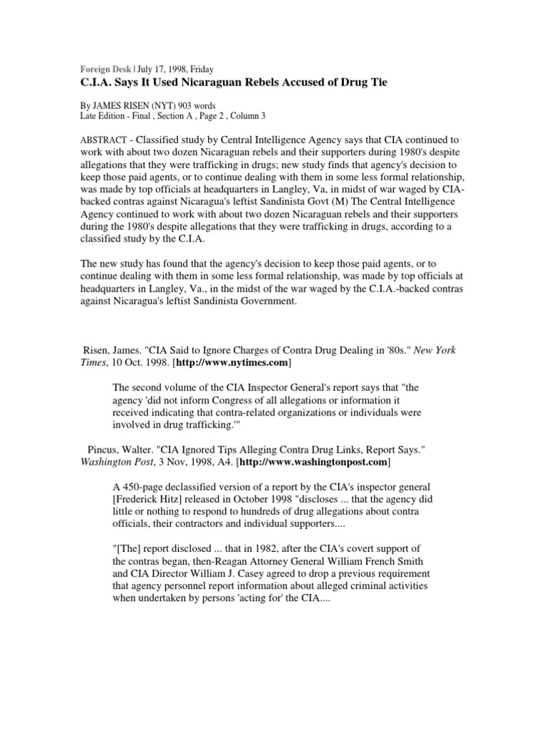 NYT - CIA Inspector General Admits That Agency Kept Working With Drug ...