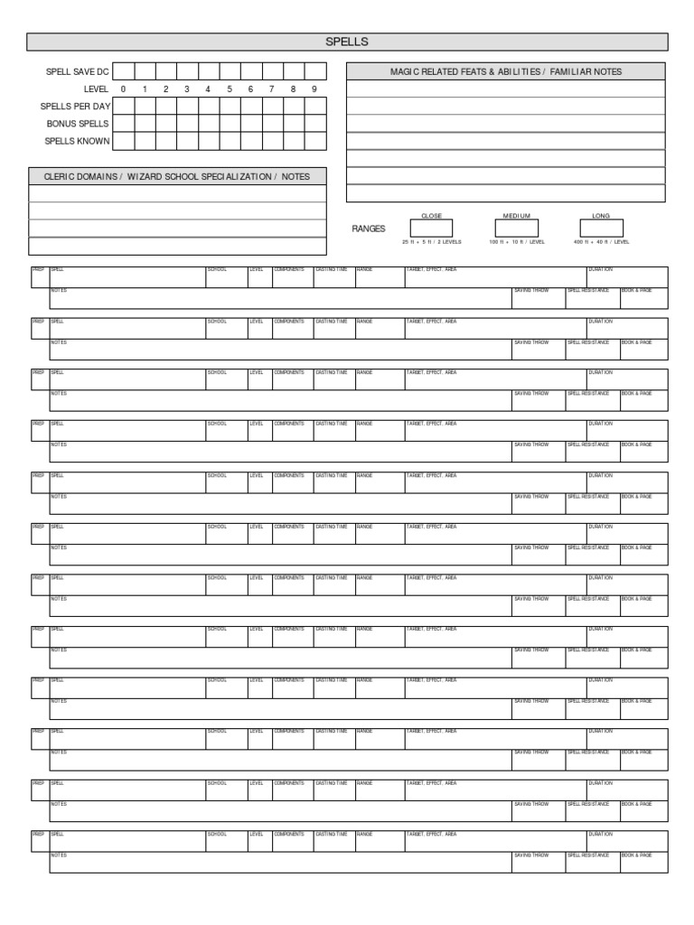 D&D 3.5 Spell Sheet | PDF | Tsr (Company) Games | Tabletop Games
