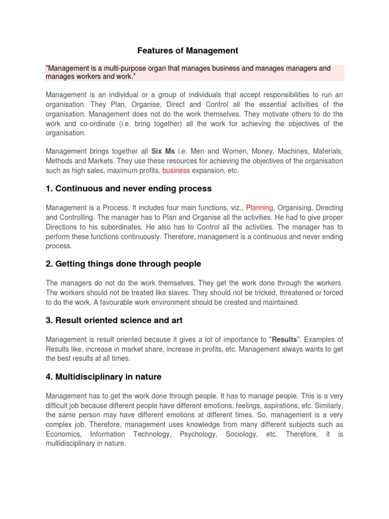 Features of Management | PDF | Profit (Accounting) | Emotions