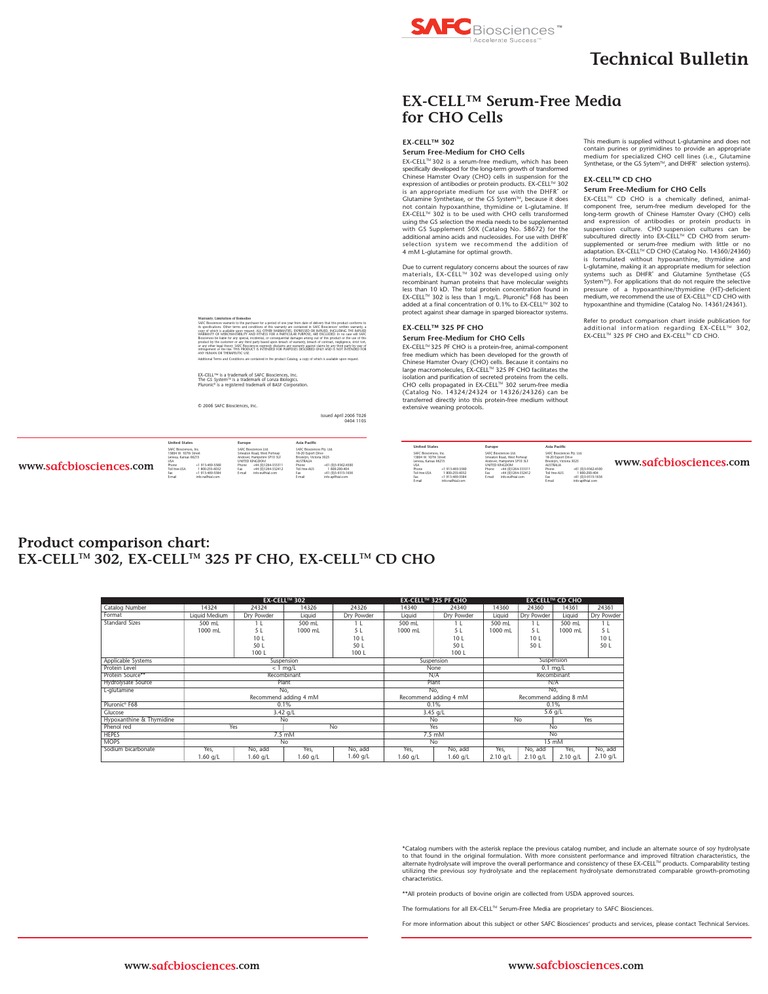 SAFC Biosciences - Technical Bulletin - EX-CELL™ Serum-Free Media For ...