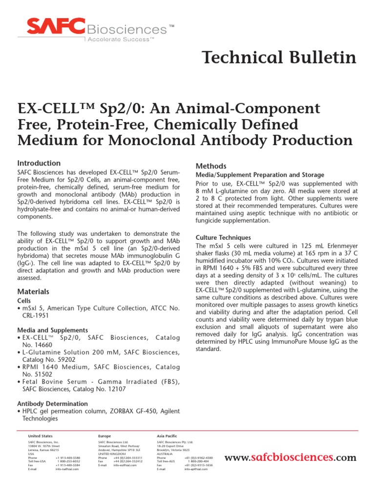 SAFC Biosciences - Technical Bulletin - EX-CELL™ Sp2/0: An Animal-Component Free, Protein-Free ...