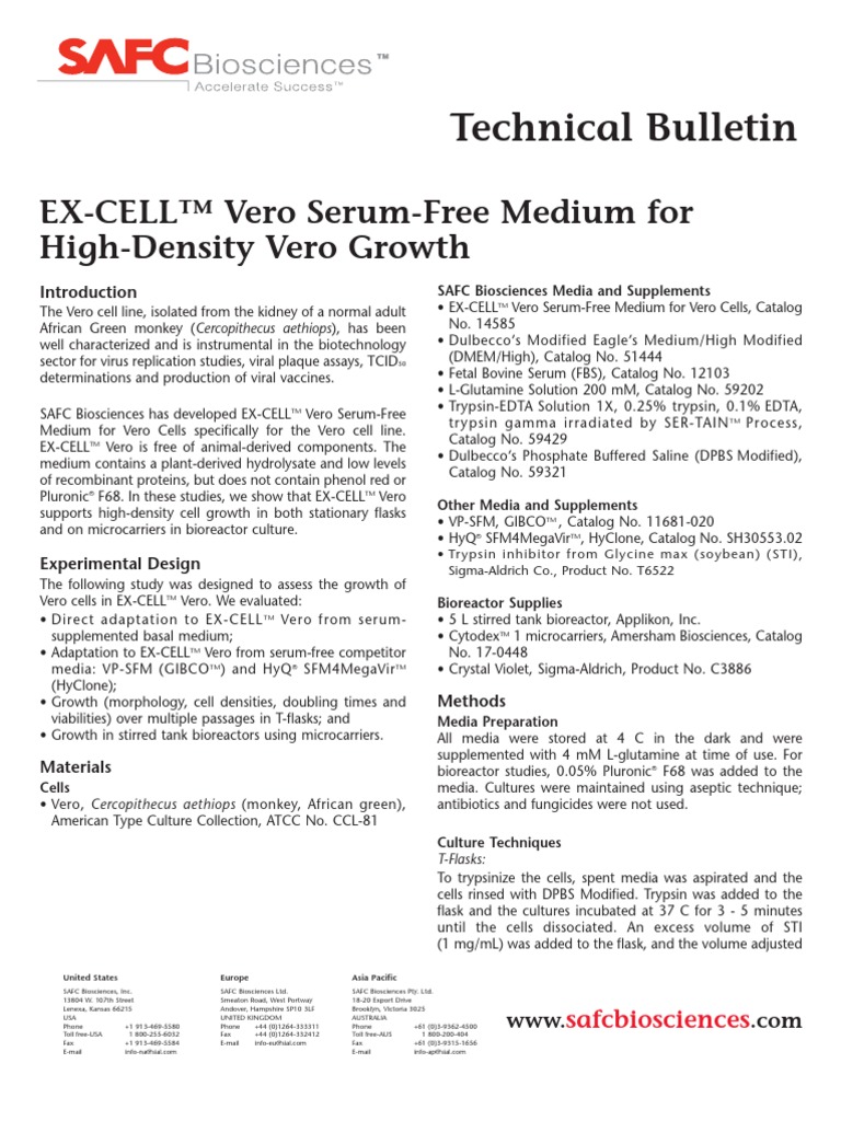 SAFC Biosciences - Technical Bulletin - EX-CELL™ Vero Serum-Free Medium For High-Density Vero ...