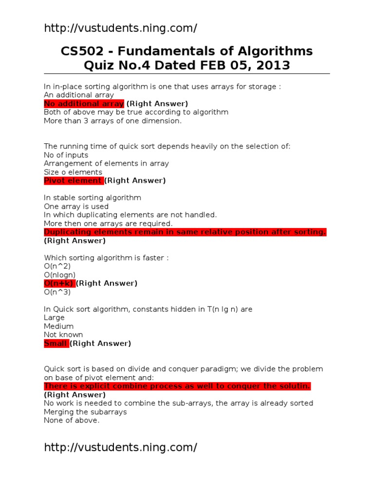 CS502 Quiz Solved For Final Term Preparation | PDF | Time Complexity ...