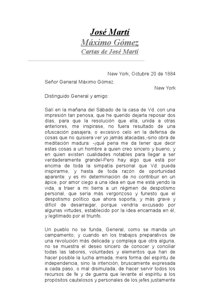 Carta de José Martí A Máximo Gómez - 20 de Octubre de 1884 | PDF | Alma