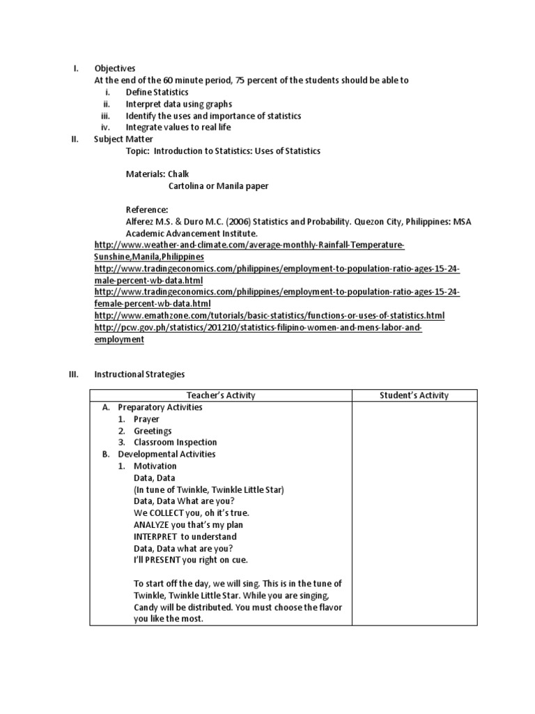Statistics Lesson Plan For Grade 6