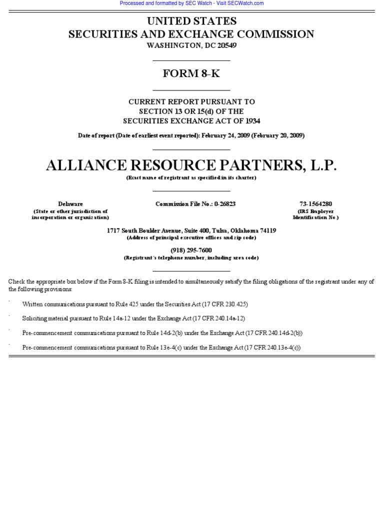 ALLIANCE RESOURCE PARTNERS LP 8-K (Events or Changes Between Quarterly ...