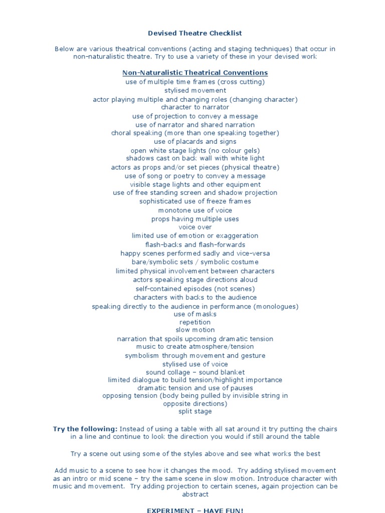 Devised Theatre Checklist | PDF