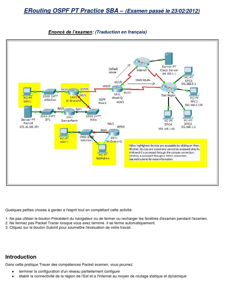ERouting OSPF PT Practice SBA - 2013.fr (Réponses 100%) | PDF | Routage | Protocole sur la ...