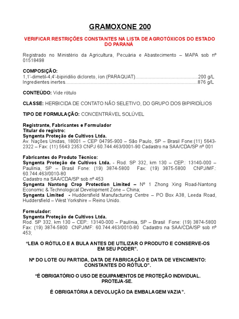 Gramoxone 200 | PDF | Embalagem e rotulagem | Aeronave