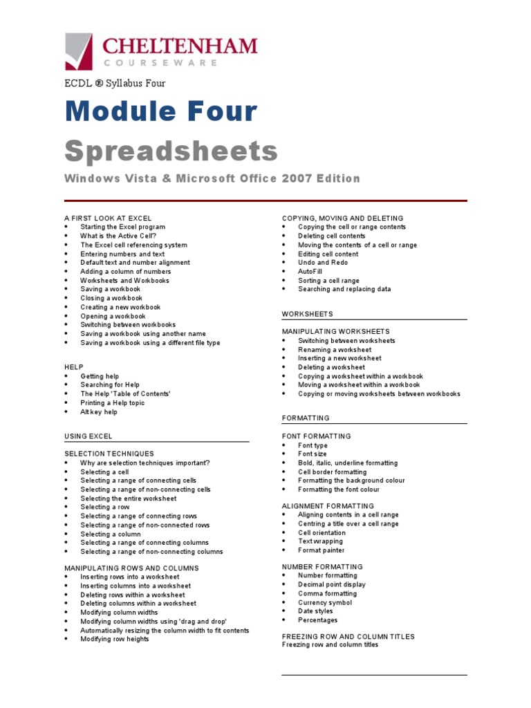 Ecdl v4 Module 4 Office 2007 Outline | PDF | Microsoft Excel | Application Software