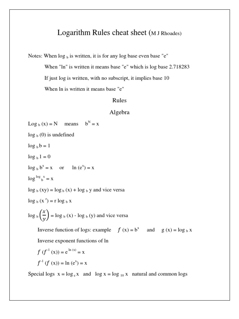 Logarithm Properties Cheat Sheet