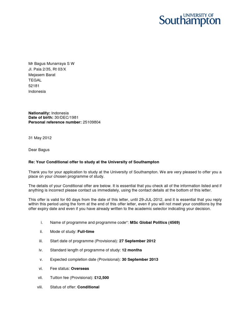 Bagus Munarraya S W, University Southampton Conditional Offer 201213 ...