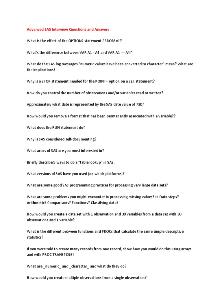 Advanced SAS Interview Questions and Answers | PDF
