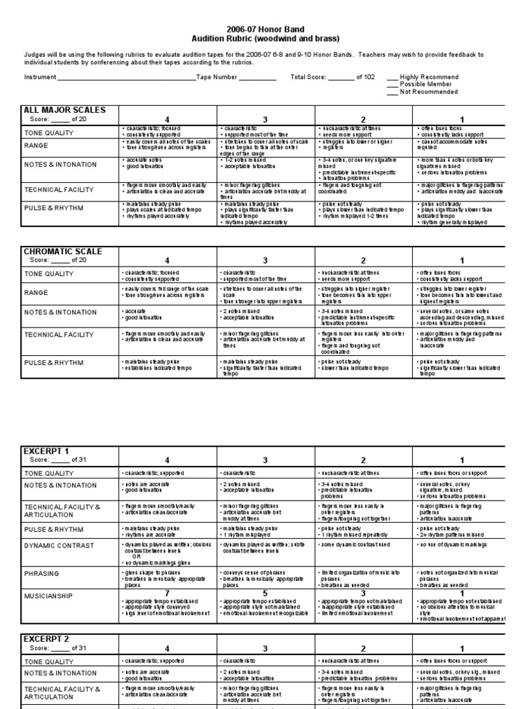 Honor Band Audition Rubric - Brass and Woodwind 2006-07 | PDF | Rhythm ...