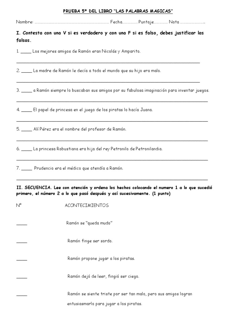 PRUEBA 5º DEL LIBRO. Las Palabras Mágicas. | PDF