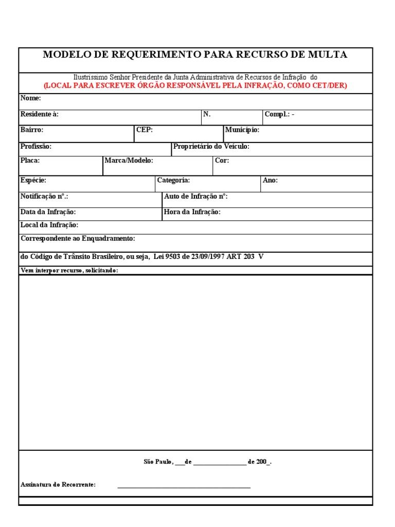 Modelo Requerimento para Recurso de Multa | PDF
