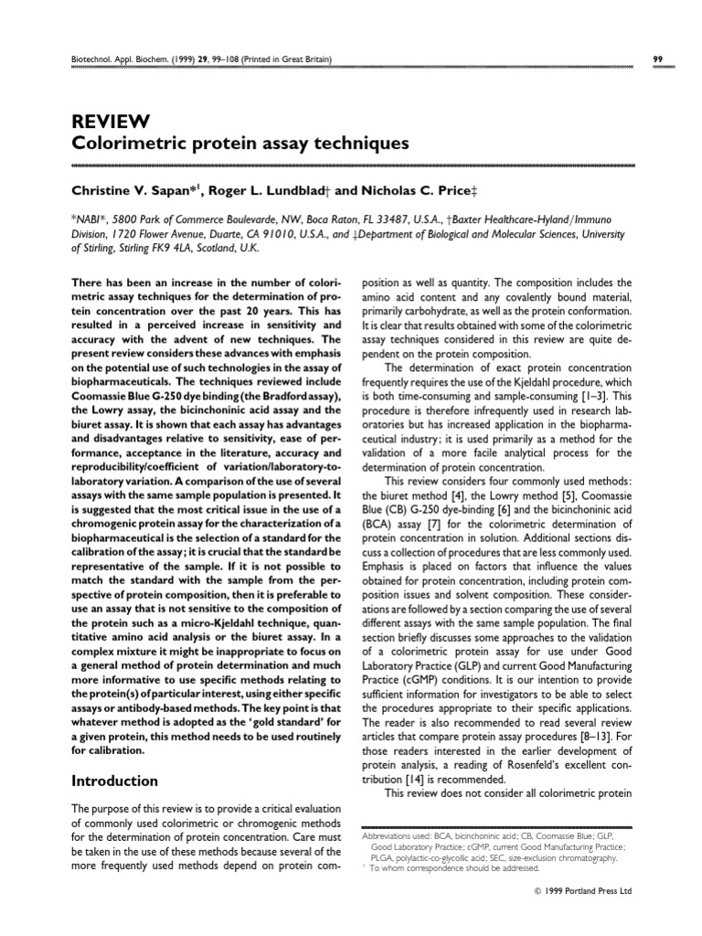 Review - Colorimetric Protein Assay Techniques | PDF