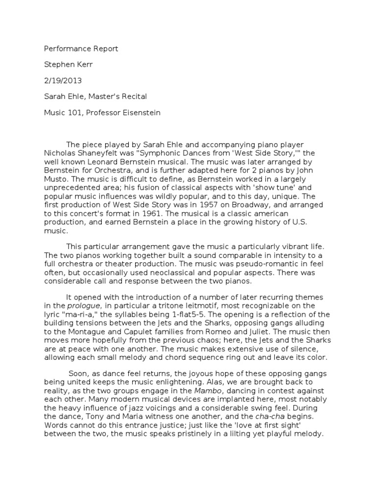 Performance Report: Symphonic Dances From West Side Story | PDF | Romeo ...