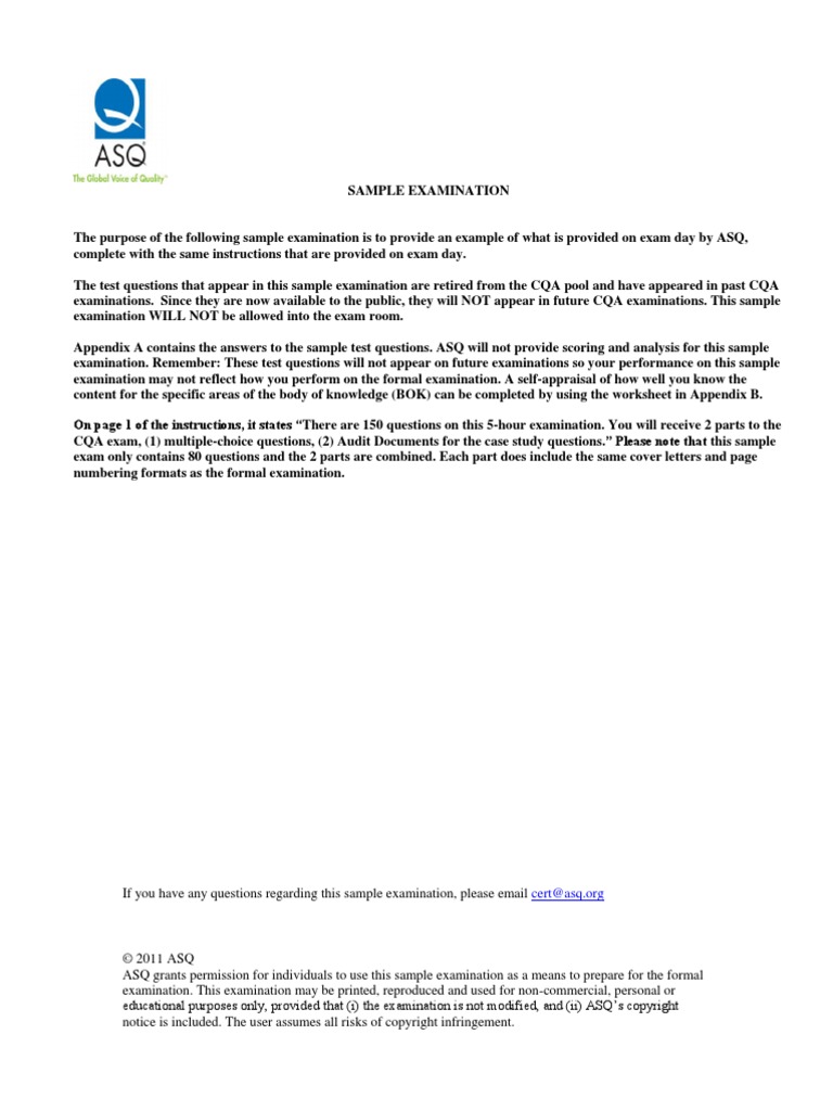 Certified Quality Auditor (ASQ Sample Exam Paper) | PDF | Auditor's ...