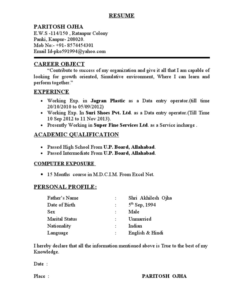 Resume Paritosh Ojha: Computer Exposure | PDF | Career & Growth