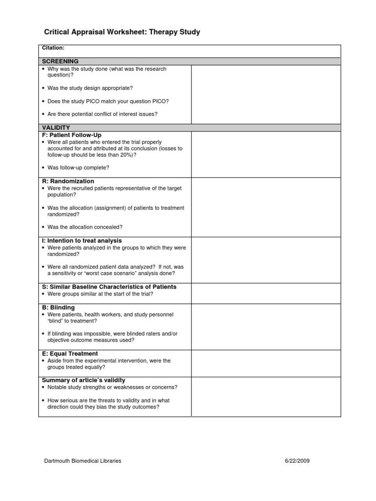 Critical Appraisal Worksheet for Therapy | PDF | Randomized Controlled ...