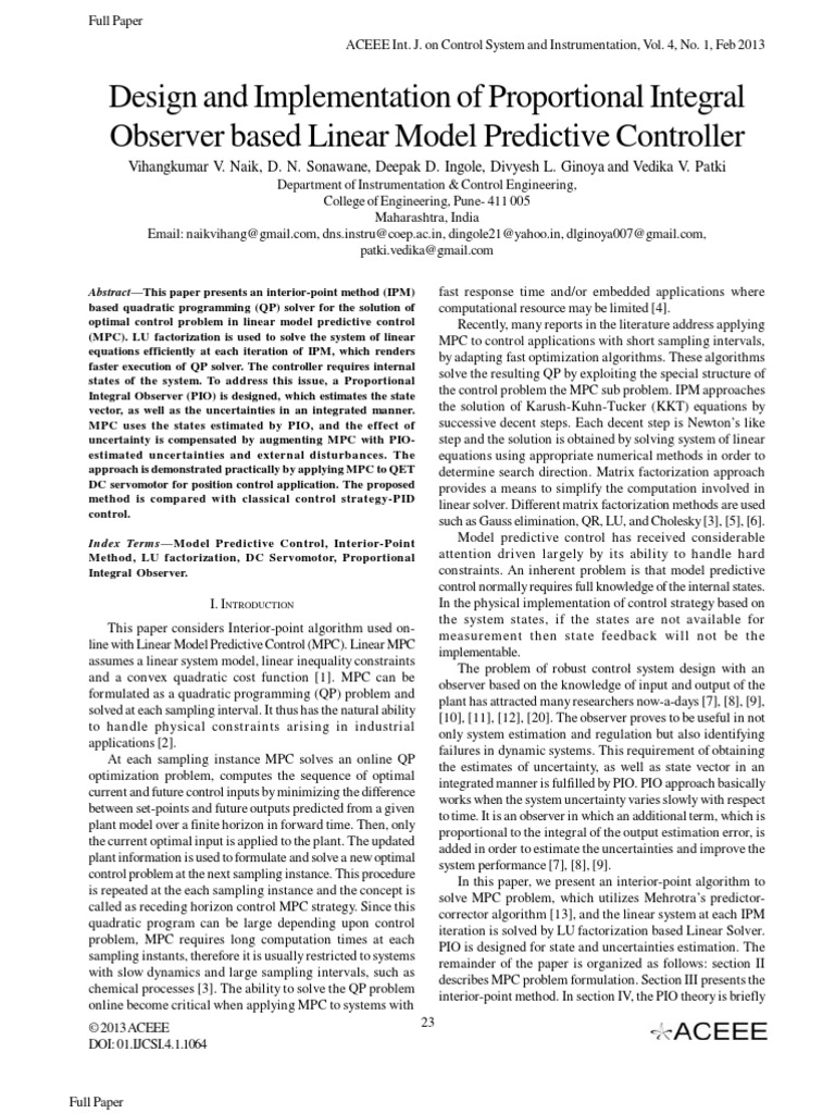 Design And Implementation Of Proportional Integral Observer Based Linear Model Predictive