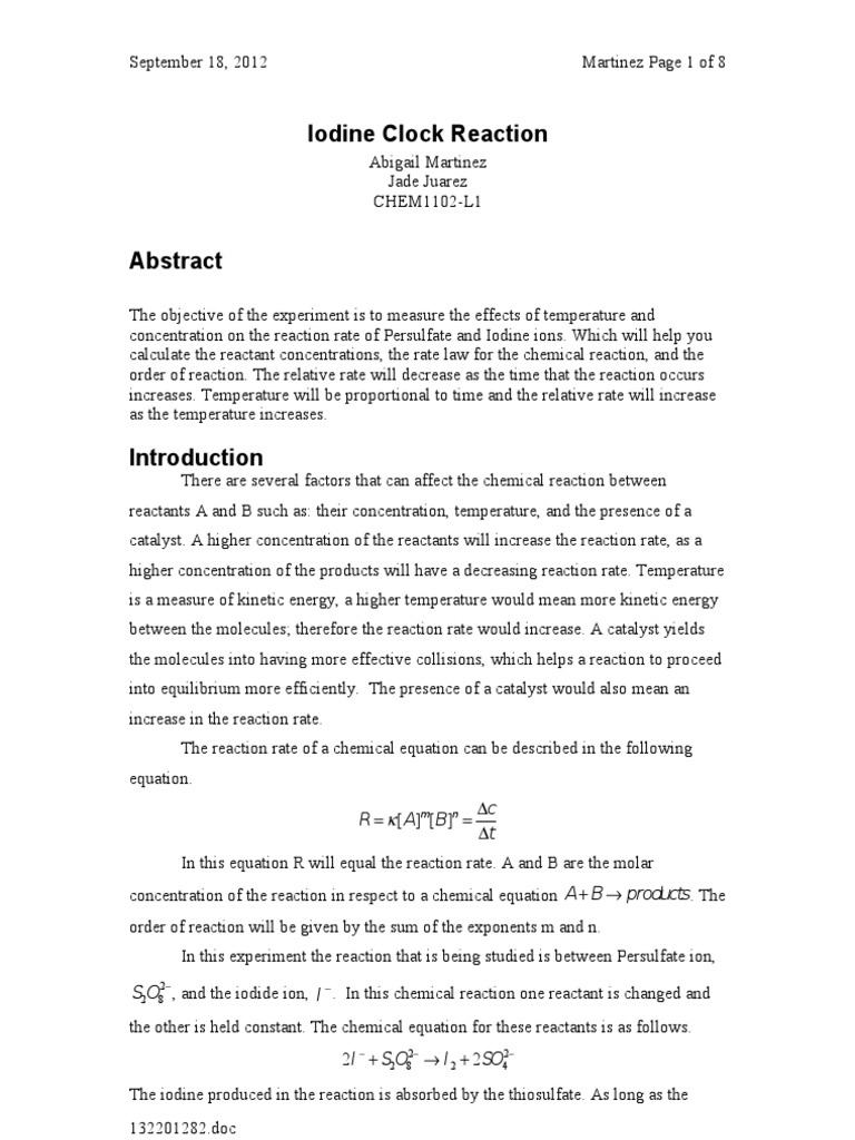 Lab Report-Exp 1 | PDF | Reaction Rate | Chemical Reactions