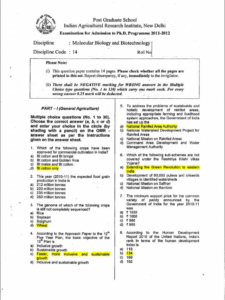 IARI PHD Entrance Question Paper 2011 - Molecular Biology and ...