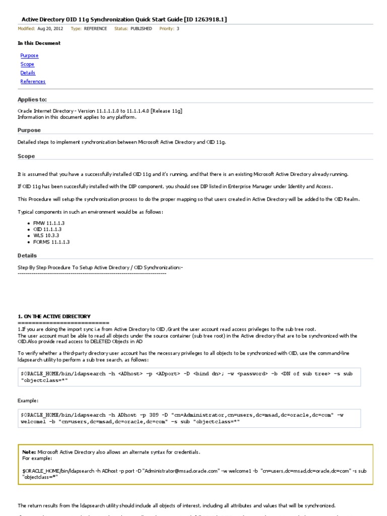 ID 1263918.1 Active Directory OID 11g Synch Quick Start Guide | PDF ...