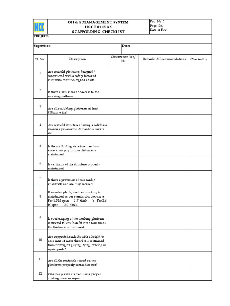 Mobile Scaffold Inspection Checklist | PDF | Technology & Engineering