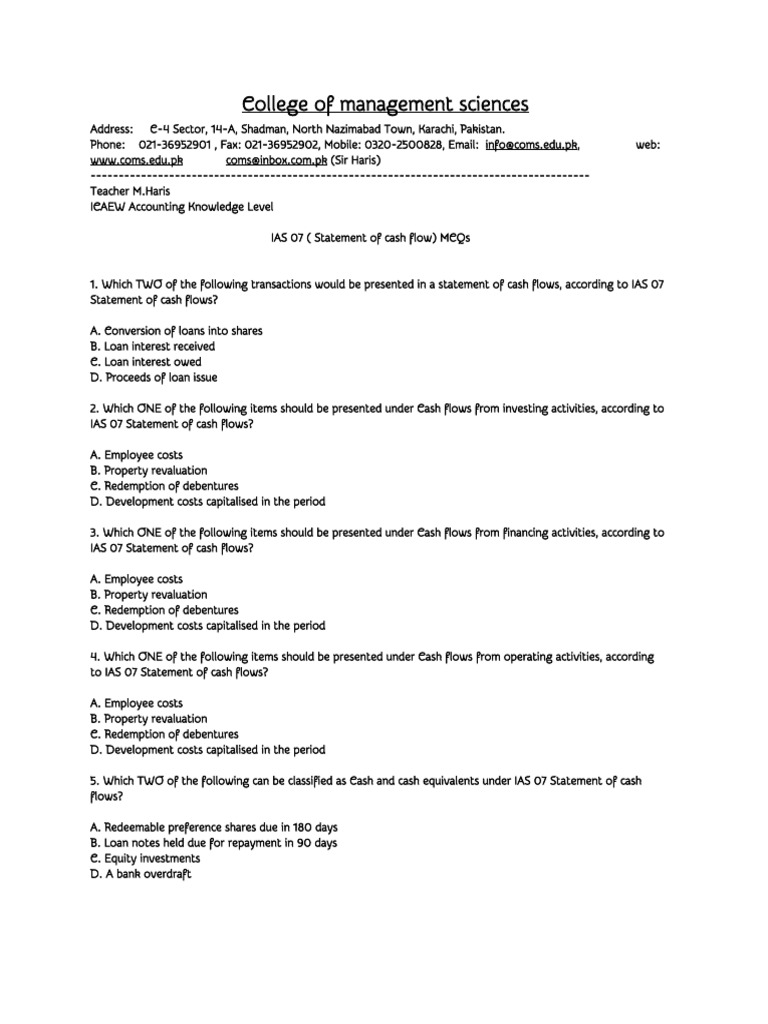 ICAEW Accounting IAS 07 MCQ With ANS | PDF | Cash Flow Statement | Business