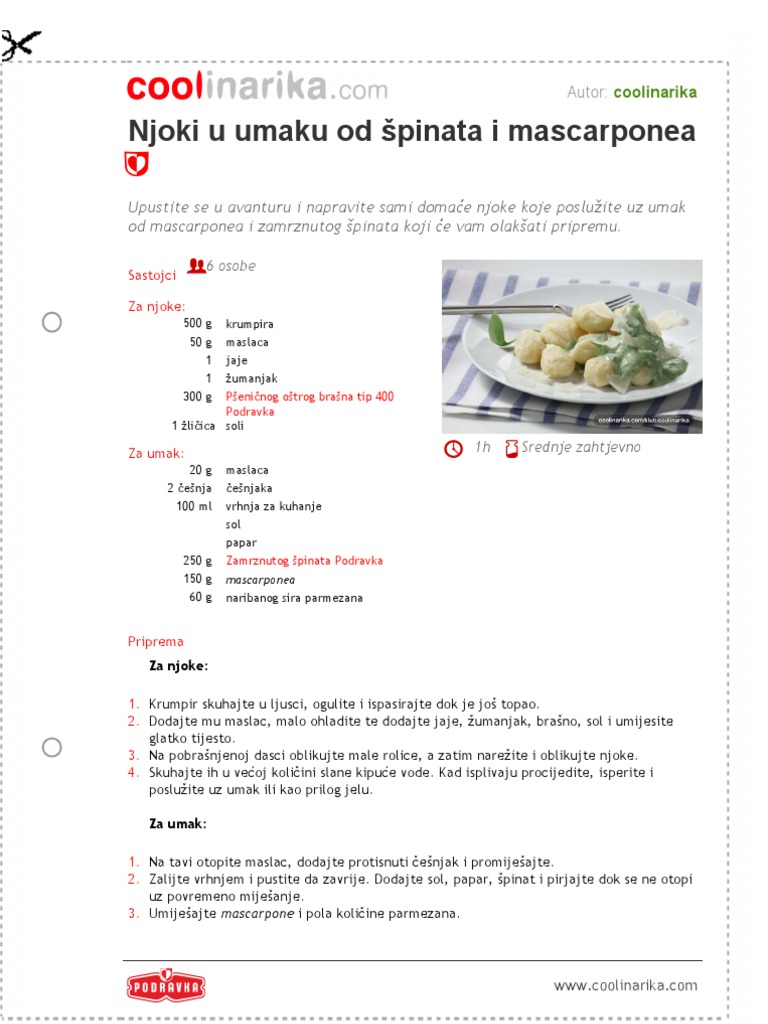 Njoki U Umaku Od Spinata I Mascarponea | PDF