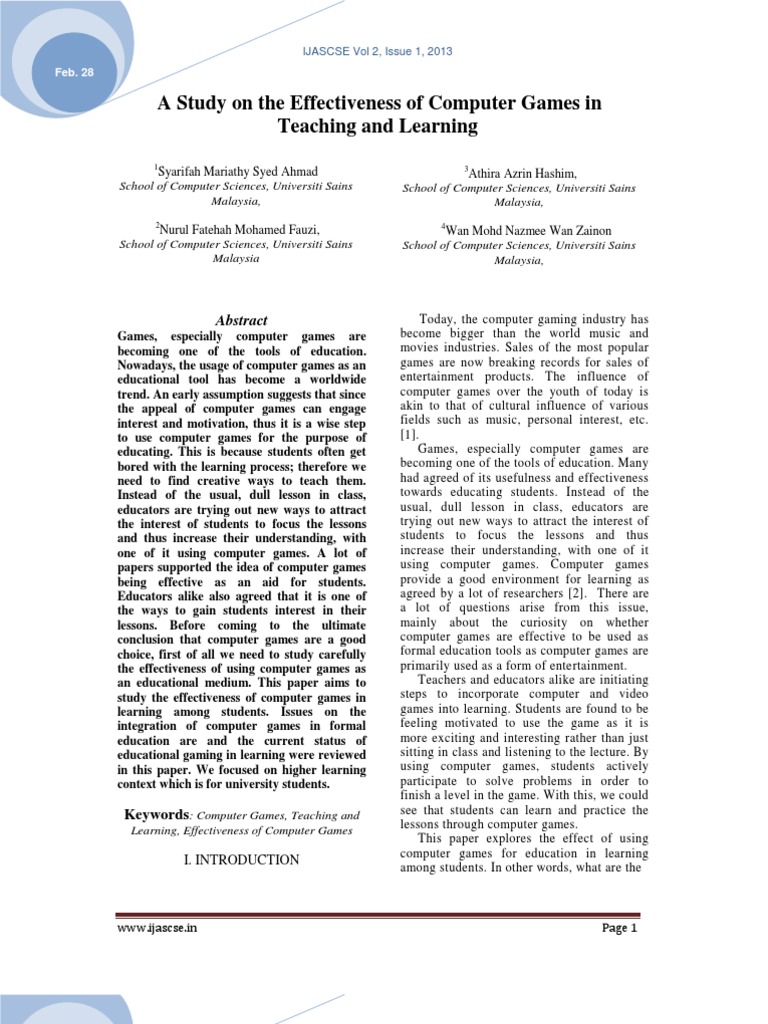 A Study On The Effectiveness of Computer Games in Teaching and Learning ...