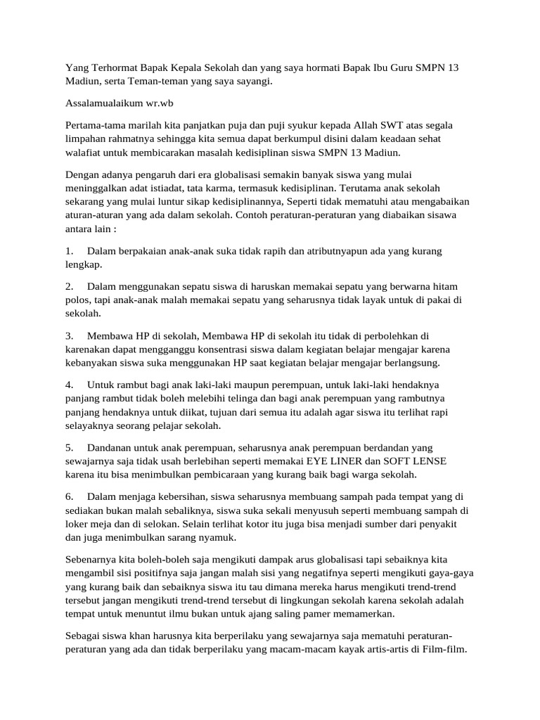 Yang Terhormat Bapak Kepala Sekolah Dan Yang Saya Hormati Bapak Ibu Guru SMPN 13 Madiun | PDF ...