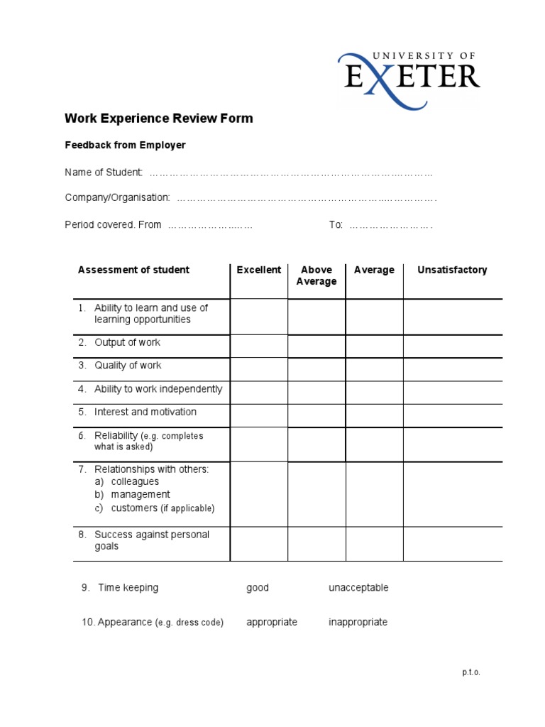 Work Experience Review Form: Feedback From Employer | PDF