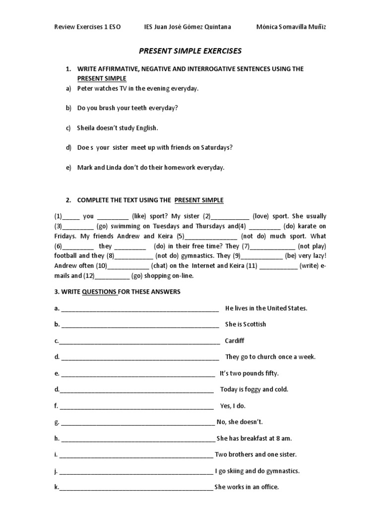 Present Simple Exercises | PDF | Self-Improvement | Wellness